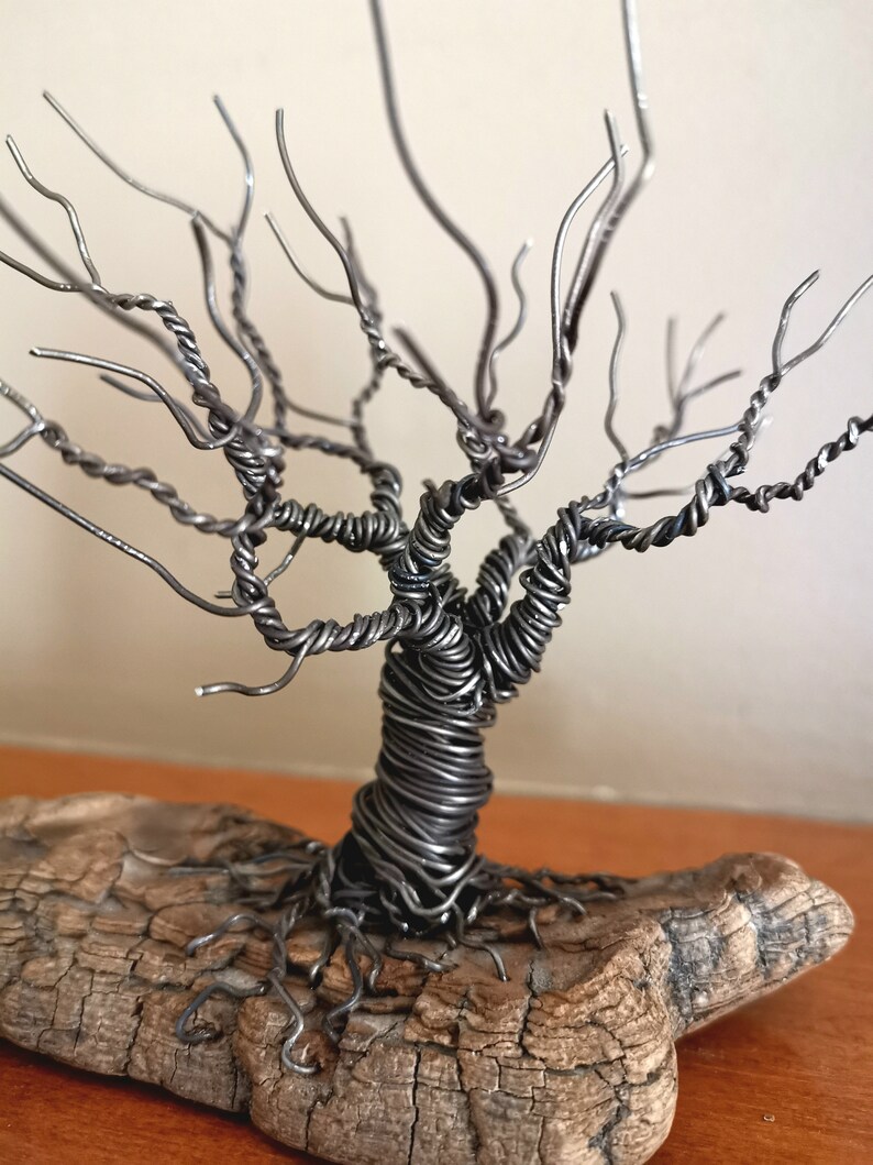 Black Steel Wire Tree Sculpture on Driftwood Base Handcrafted Art Piece ...