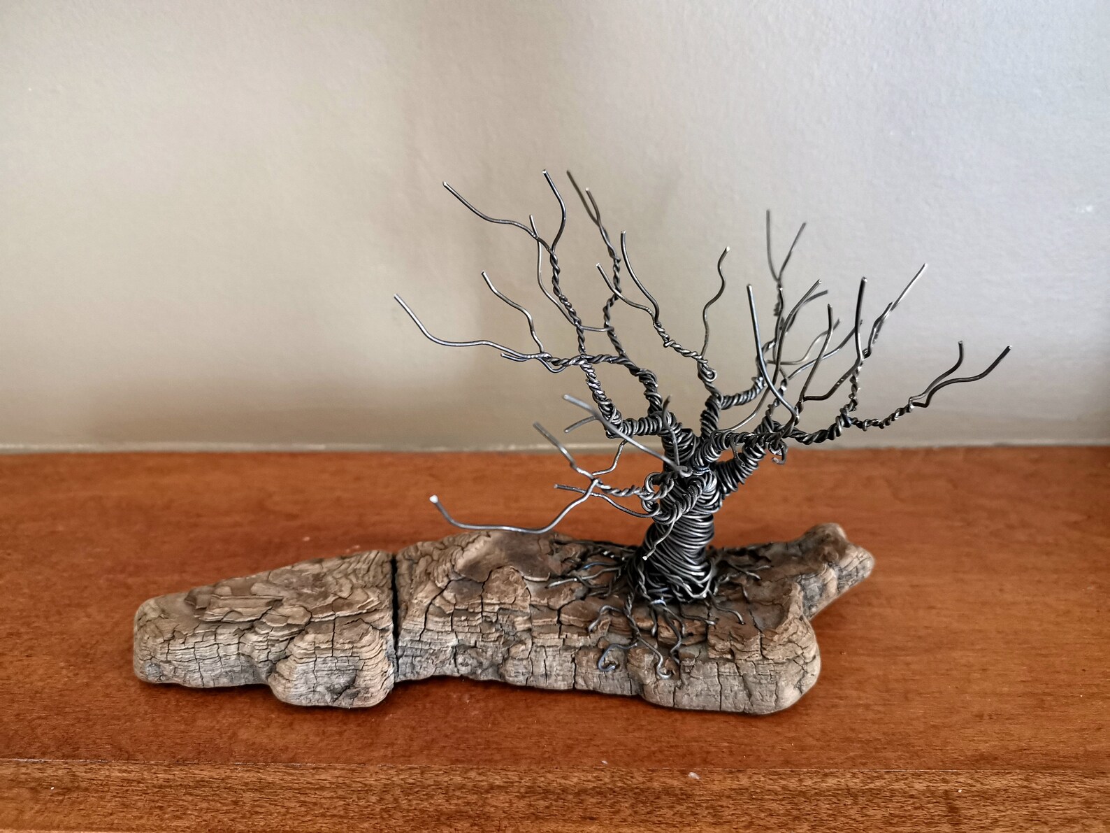 Black Steel Wire Tree Sculpture on Driftwood Base Handcrafted Art Piece ...