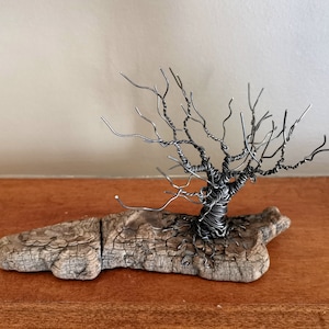 Black Steel Wire Tree Sculpture on Driftwood Base Handcrafted Art Piece ...