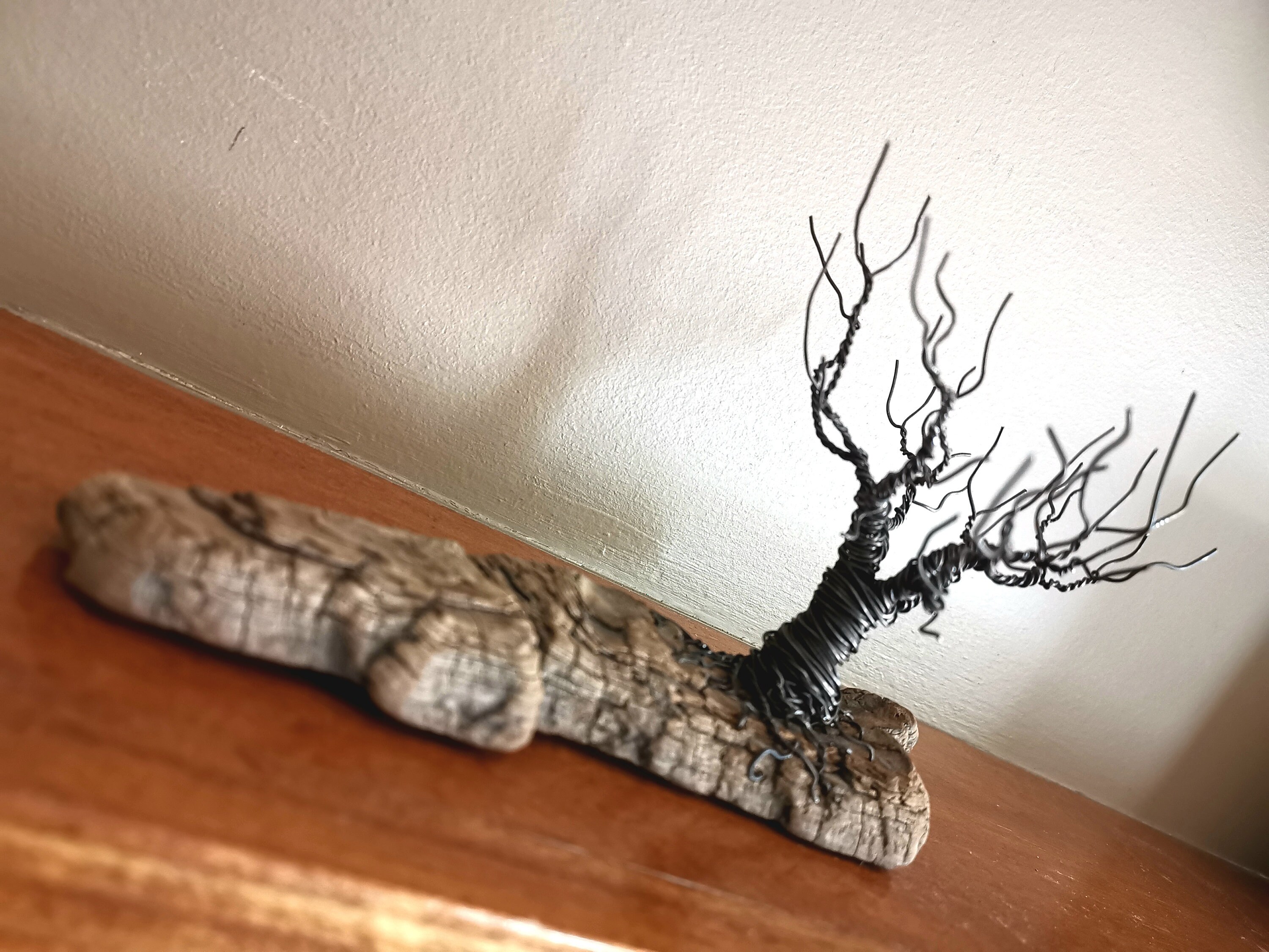 Black Steel Wire Tree Sculpture on Driftwood Base Handcrafted Art Piece ...