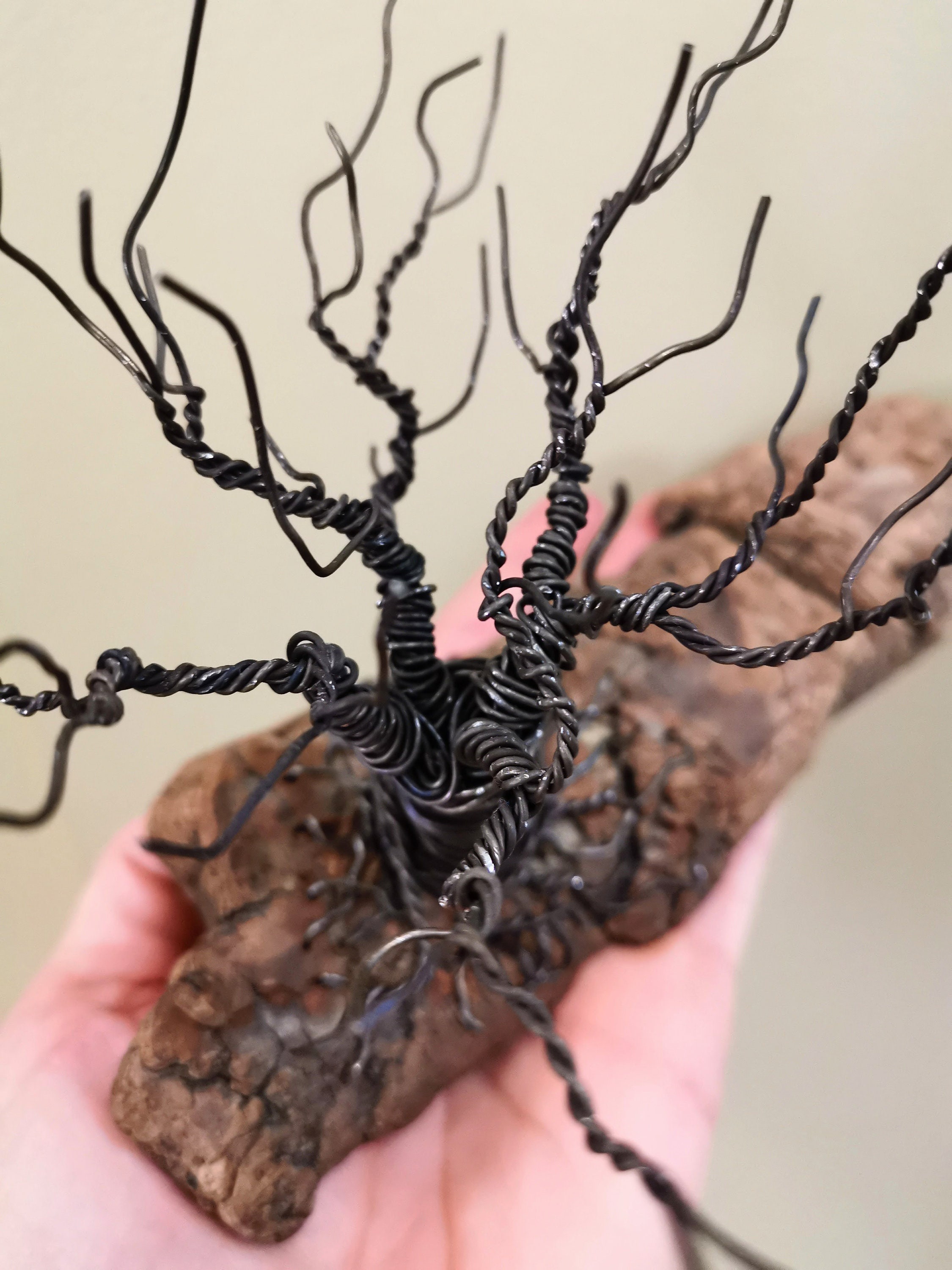 Black Steel Wire Tree Sculpture on Driftwood Base Handcrafted Art Piece ...