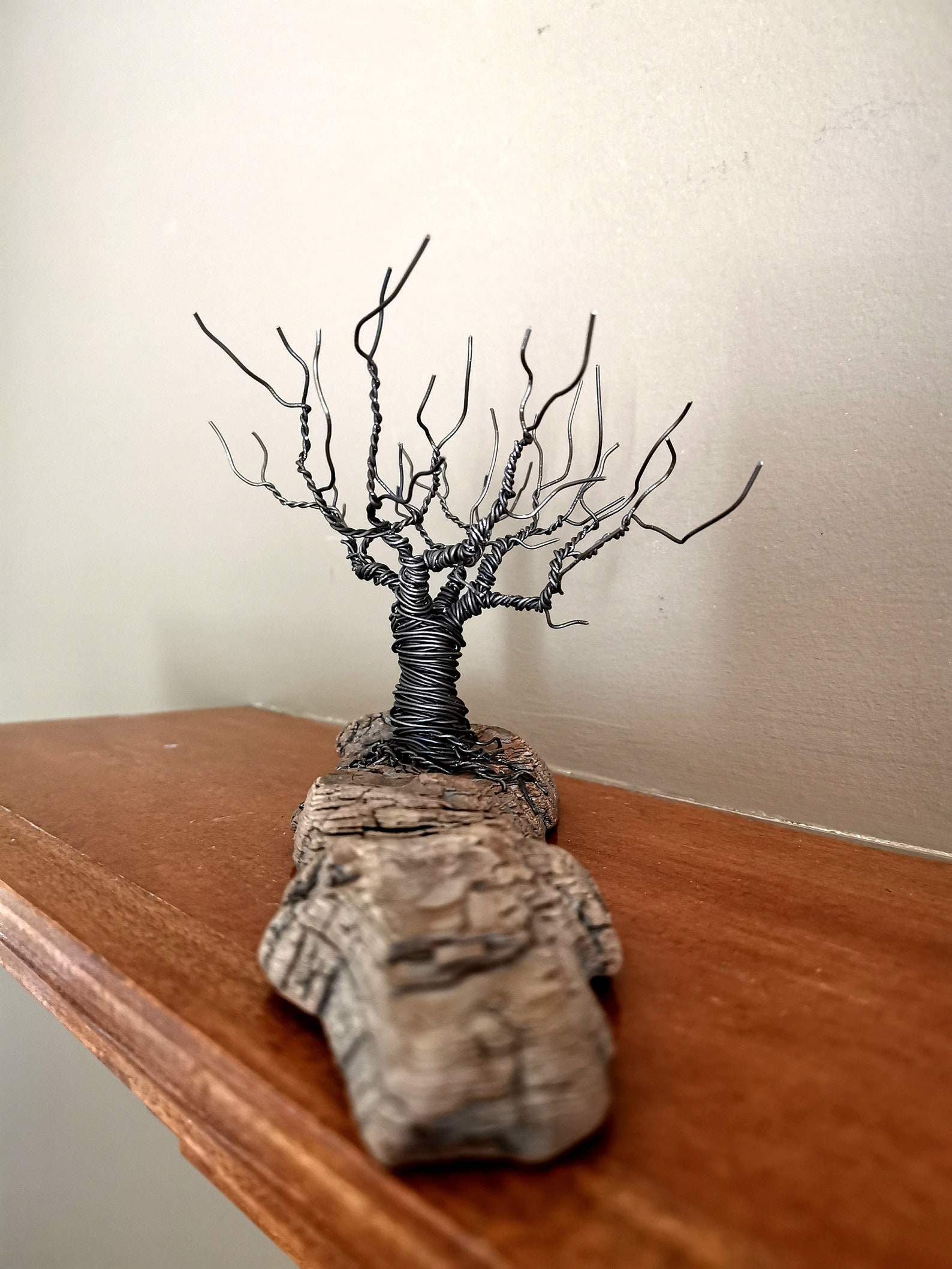 Black Steel Wire Tree Sculpture on Driftwood Base Handcrafted Art Piece ...