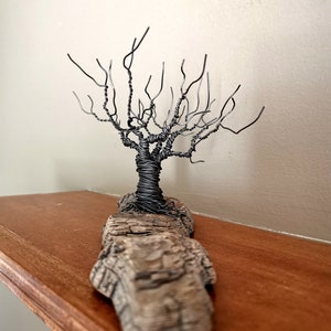 Black Steel Wire Tree Sculpture on Driftwood Base Handcrafted Art Piece ...