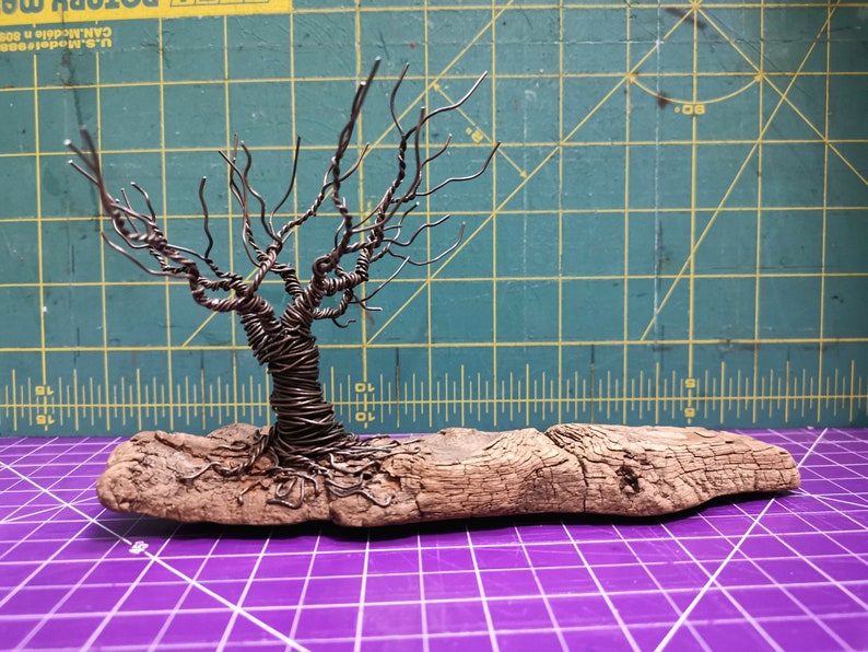 Black Steel Wire Tree Sculpture on Driftwood Base Handcrafted Art Piece ...