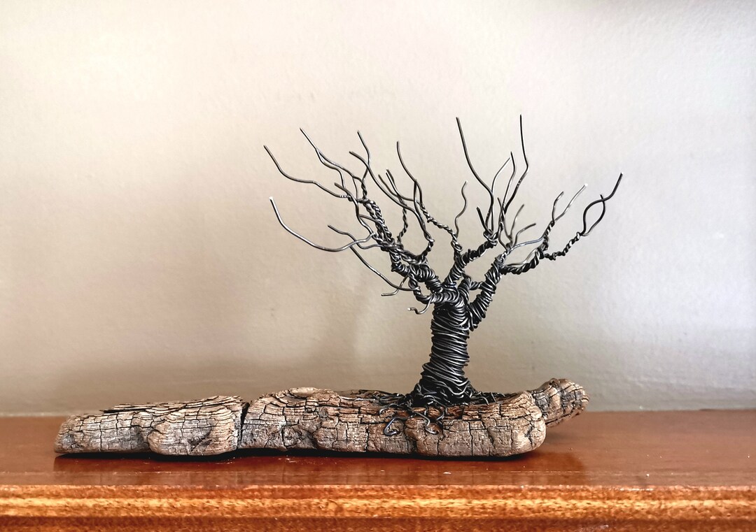 Black Steel Wire Tree Sculpture on Driftwood Base Handcrafted Art Piece ...