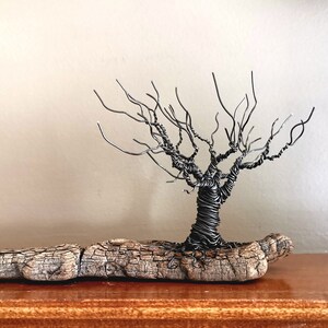 Black Steel Wire Tree Sculpture on Driftwood Base Handcrafted Art Piece ...