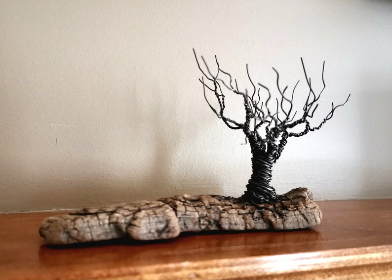 Black Steel Wire Tree Sculpture on Driftwood Base Handcrafted Art Piece ...