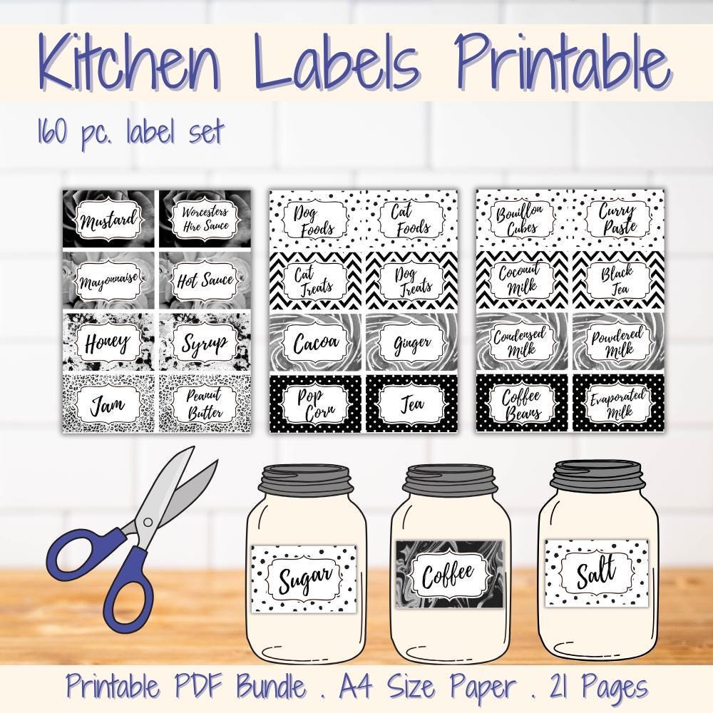 Printable Kitchen Storage Labels | Black and White Pantry Labels ...