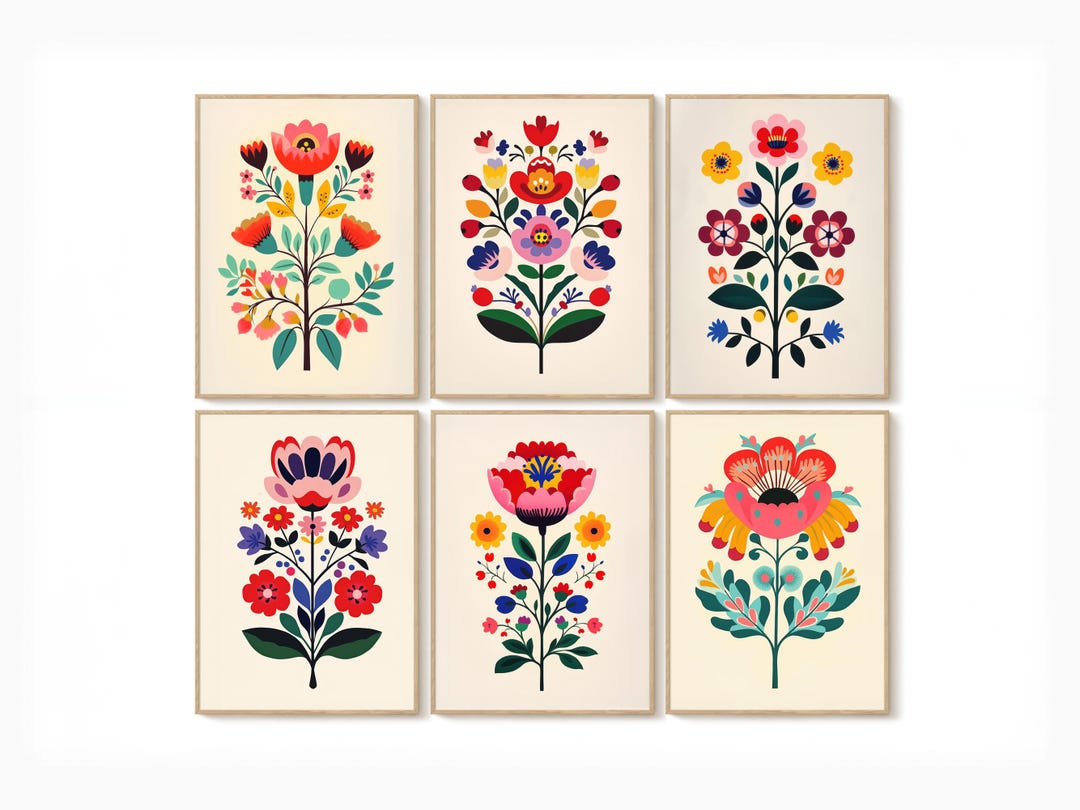 Scandinavian Folk Art Printable Set of 6 Colorful Floral Wall Art Boho ...