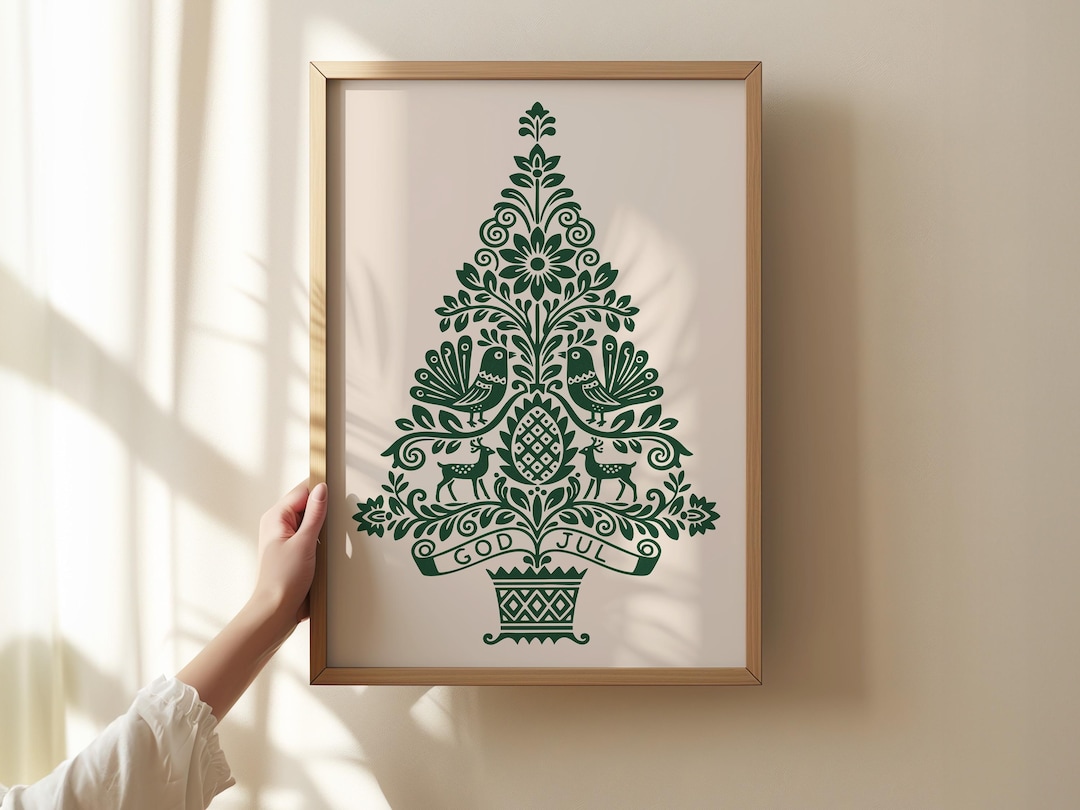 Scandinavian Christmas Folk Art Print - God Jul Greeting, Beige & Green ...