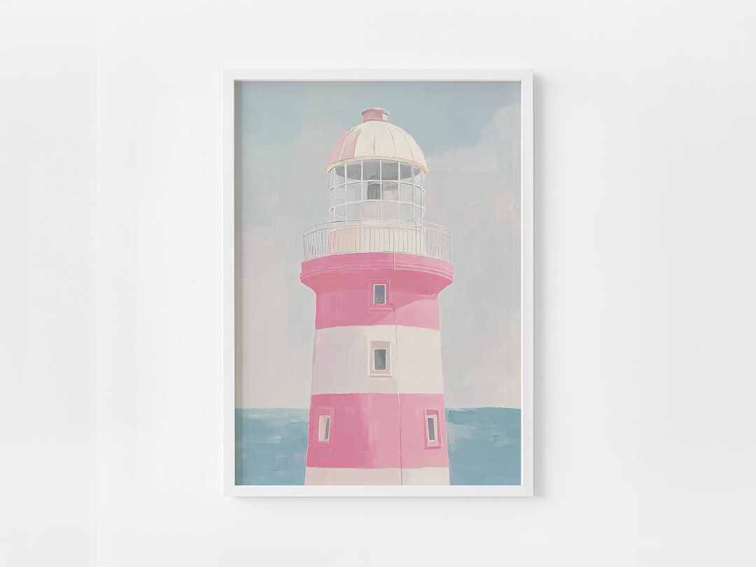 Pink Beach Painting Lighthouse Poster Beach House Decor Pink Bedroom ...