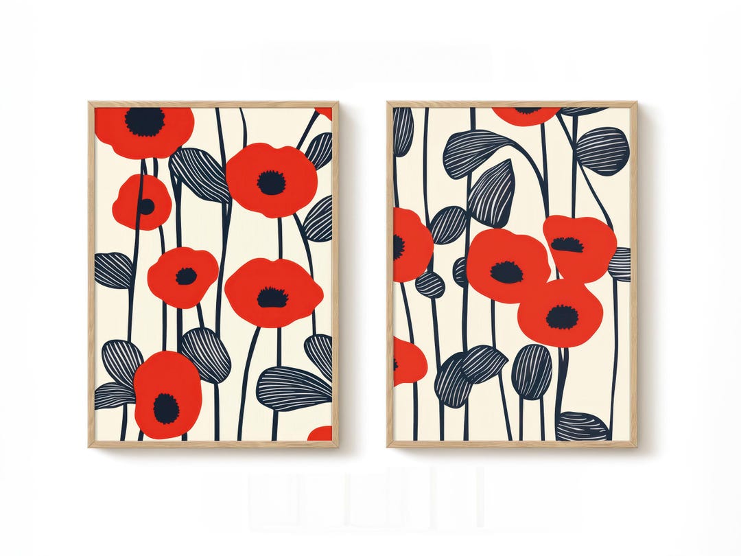 Scandinavian Floral Poppy Wall Art Set of 2 | Marimekko Inspired ...