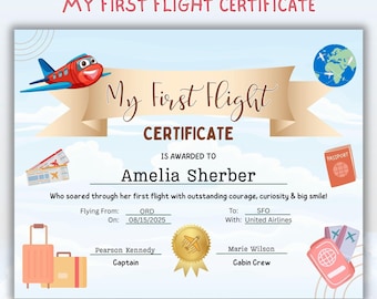 First Flight Certificate for Kids, Toddler's First Flight Award, First ...