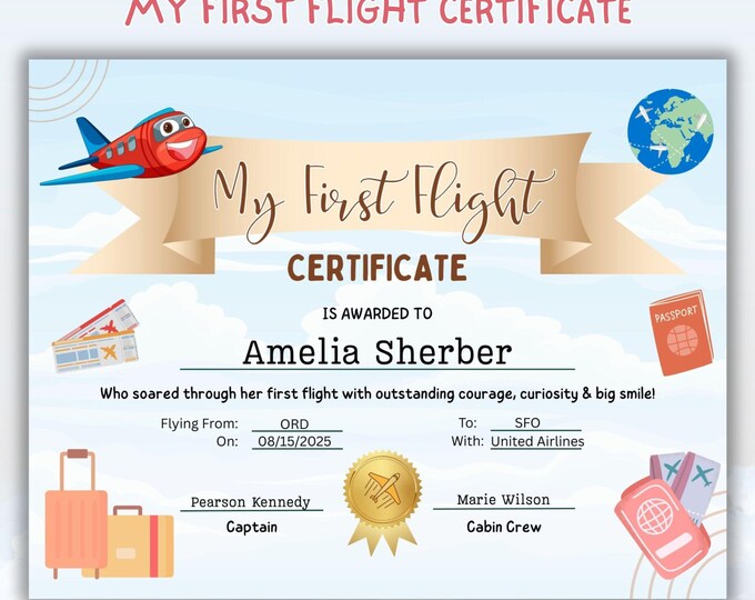 First Flight Certificate for Kids, Toddler's First Flight Award, First Vacation Gift ...