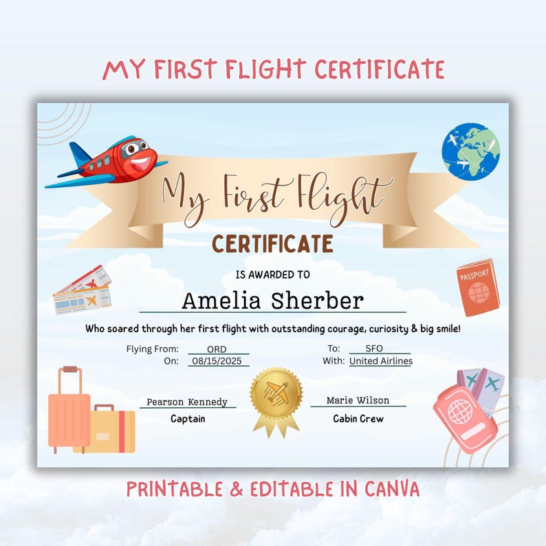 My First Flight Certificate, Editable Kids Award, Milestone Keepsake ...