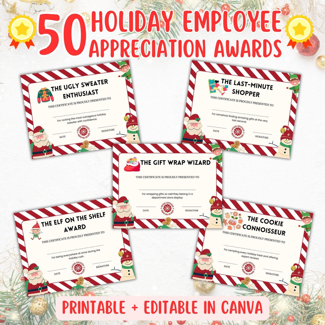 Editable Funny Christmas Awards: 50 Certificates for Employee ...
