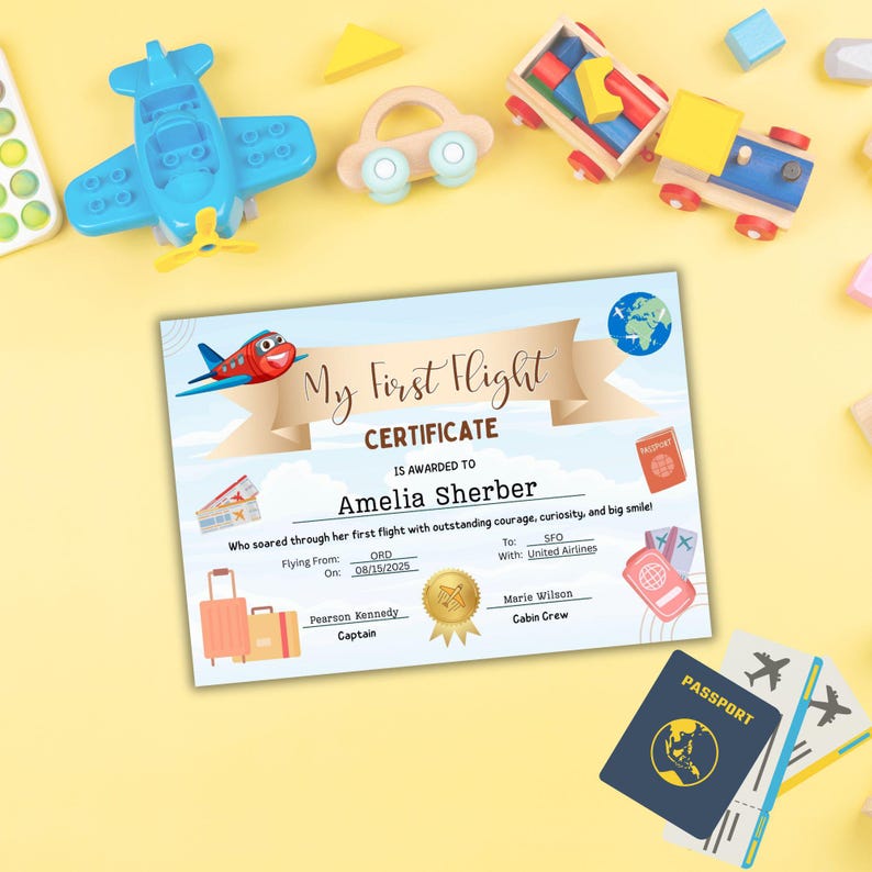 My First Flight Certificate, Editable Kids Award, Milestone Keepsake ...