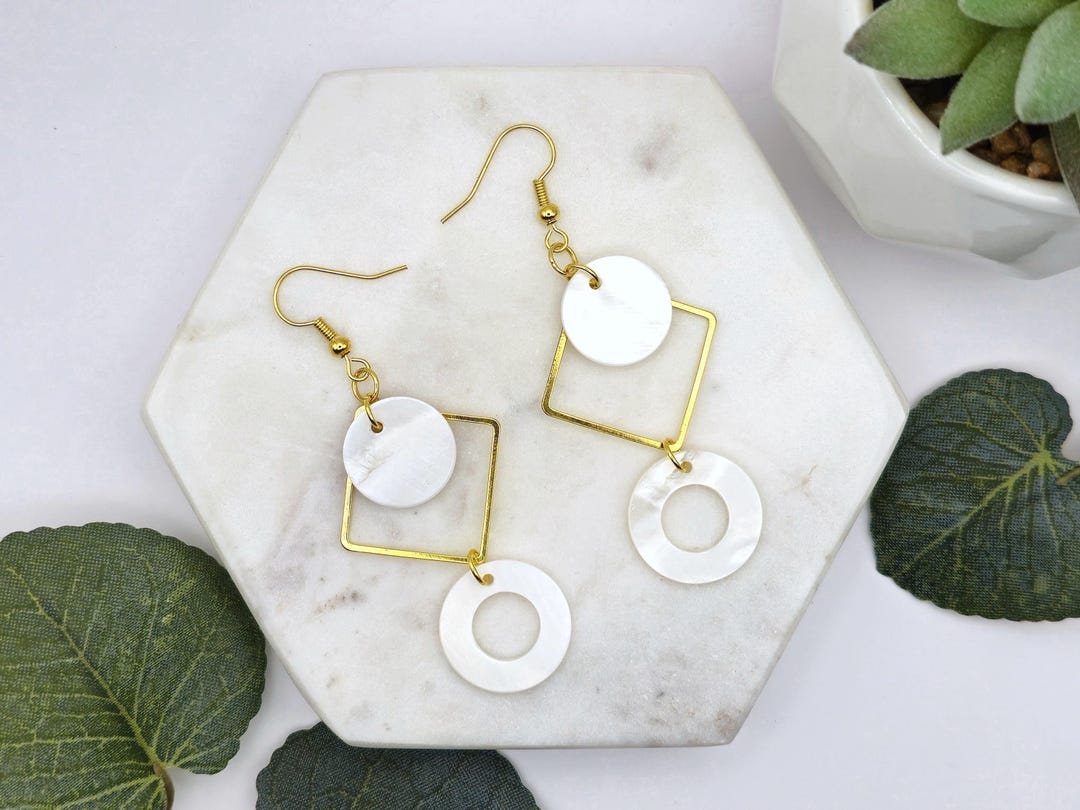 Geometric Gold Square White Circle Shaped Shell Dangle Earrings - Etsy