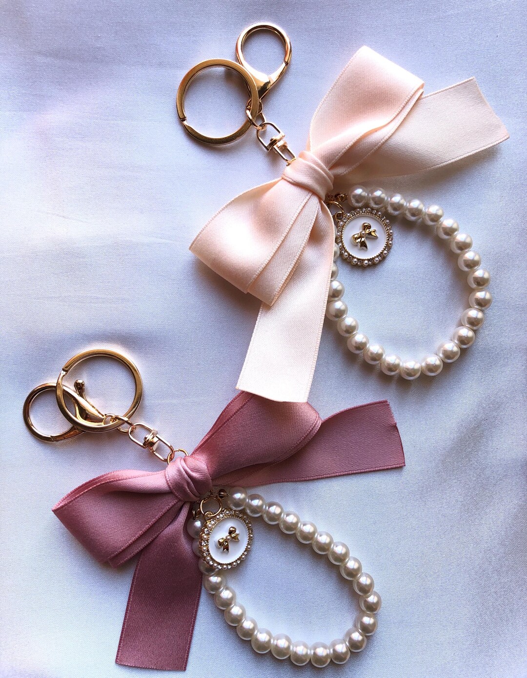 Set of 2 Pearl Keychains With a Bow in Cream and Pink,bag Femenine ...