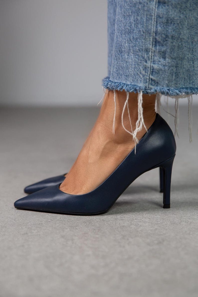Black Genuine Leather Stiletto Heels: Point Toe Ankle Strap Pumps - Etsy