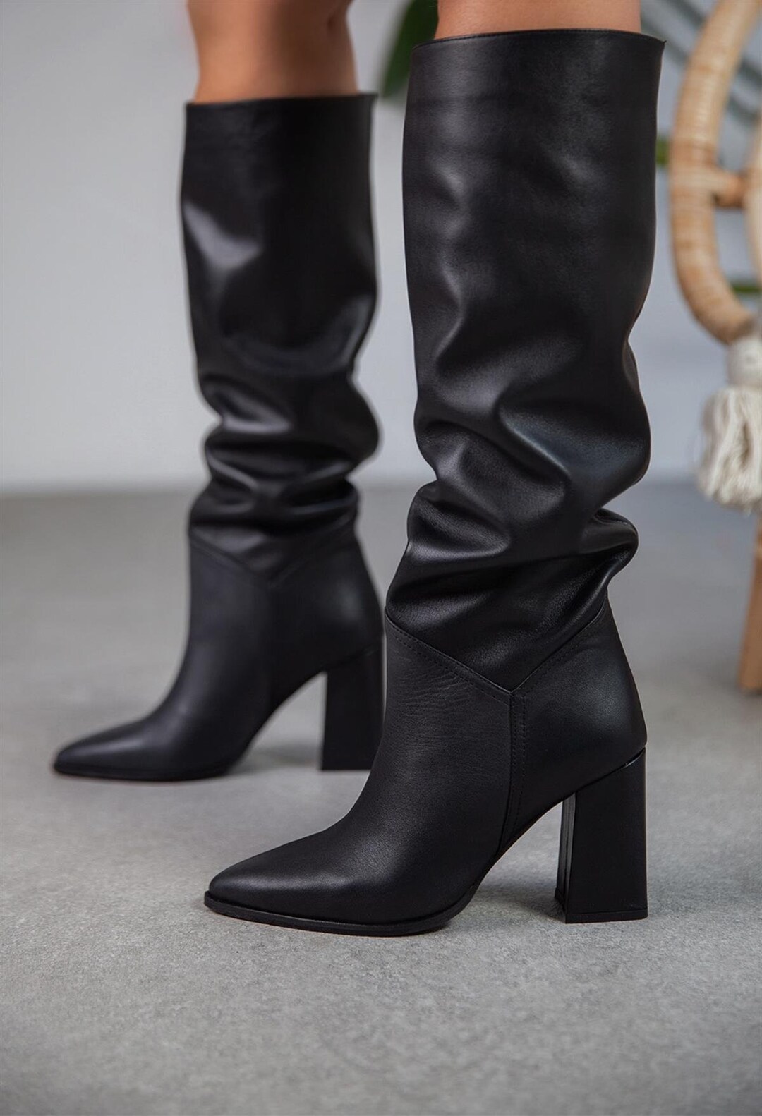 Black Genuine Leather High Block Heels Woman Boot,handmade Shoes ...