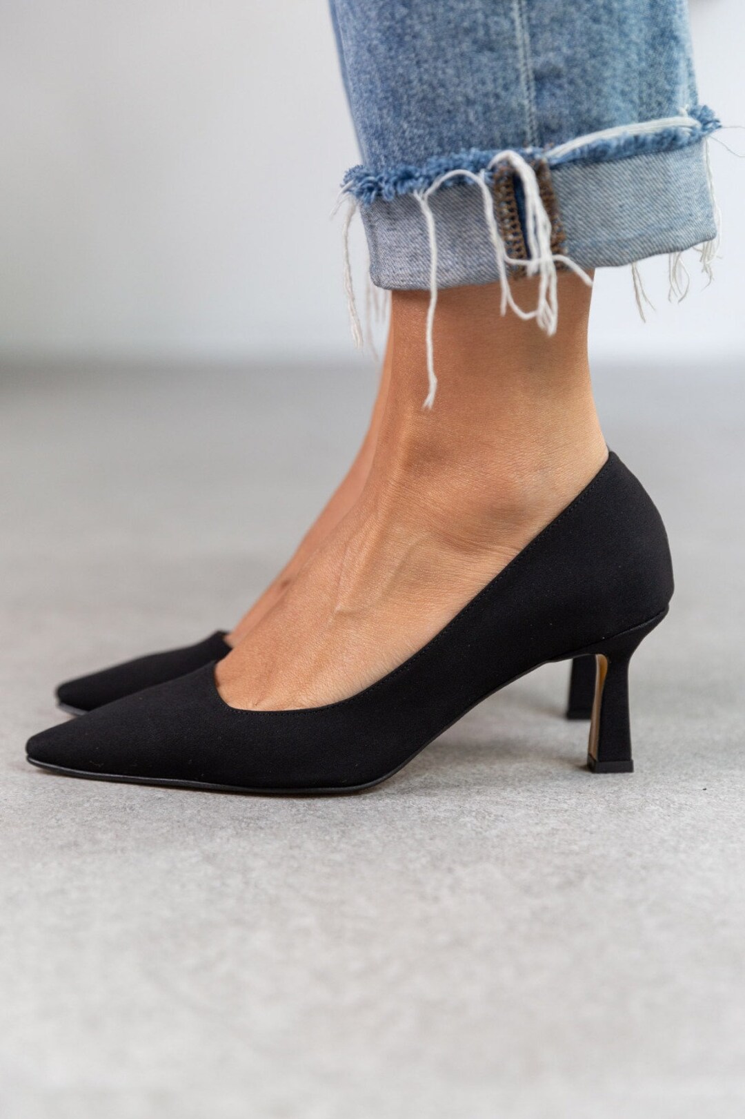 Black Scuba Fabric High Heels Shoes,patent Leather,pointed Toe Shoes ...