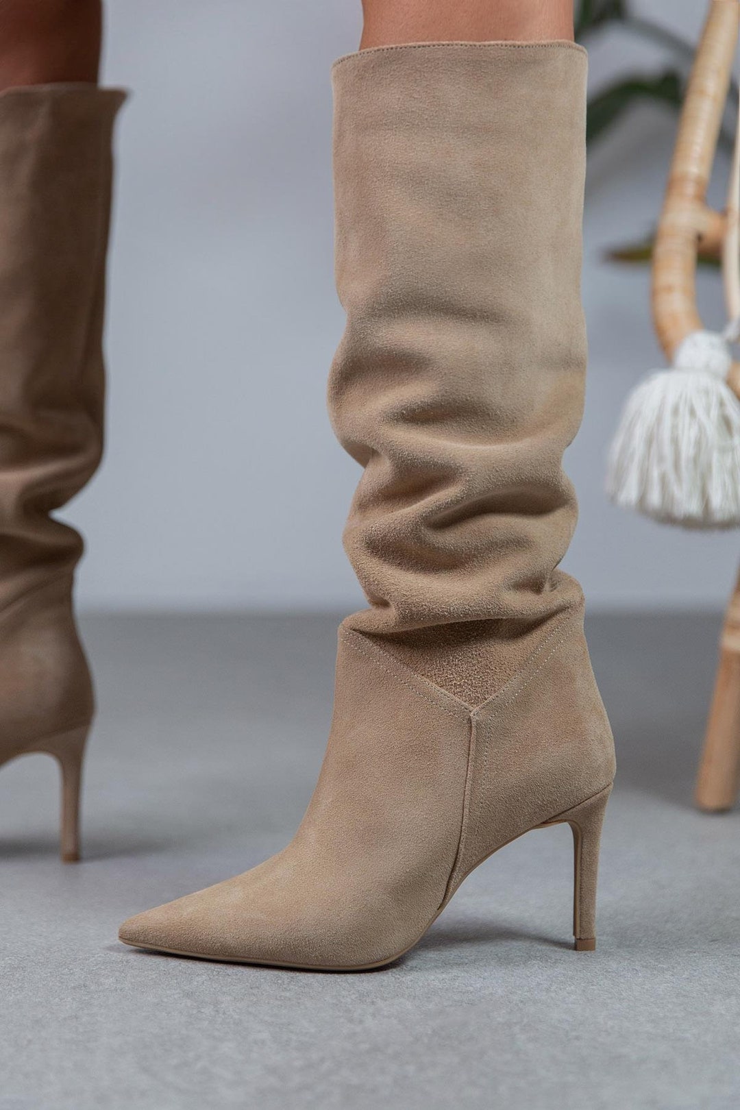 Beige Genuine Suede Stiletto Heels Woman Boot,handmade Shoes,fashion ...