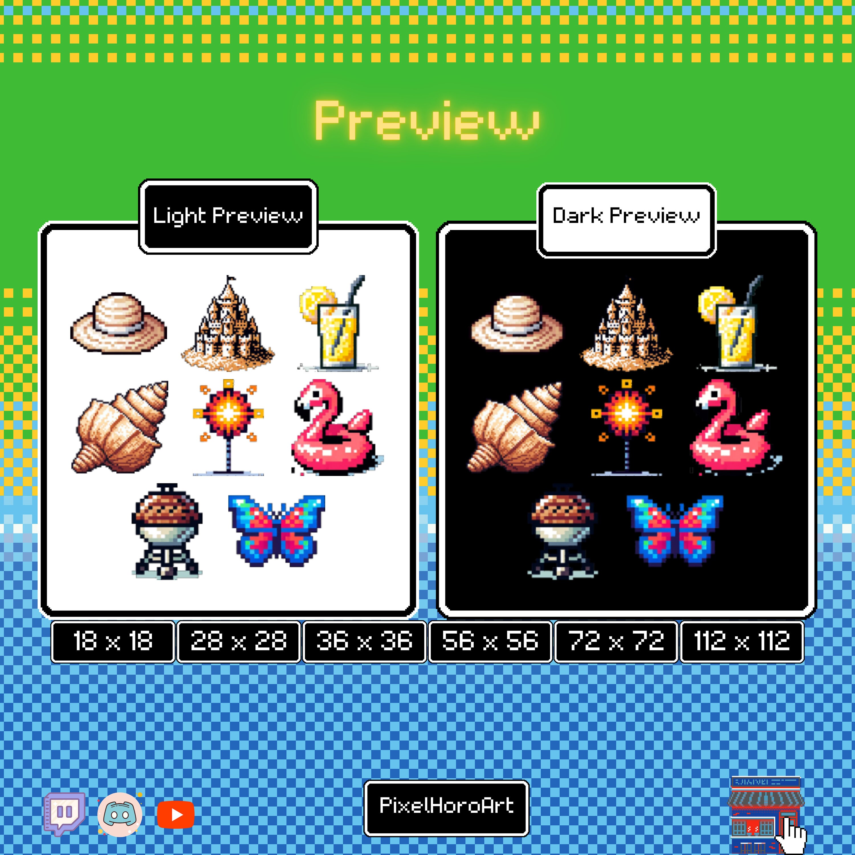 Cute Summer Theme Set 2 Pixel Art Style Sub, Bid, Emotes Badge for ...