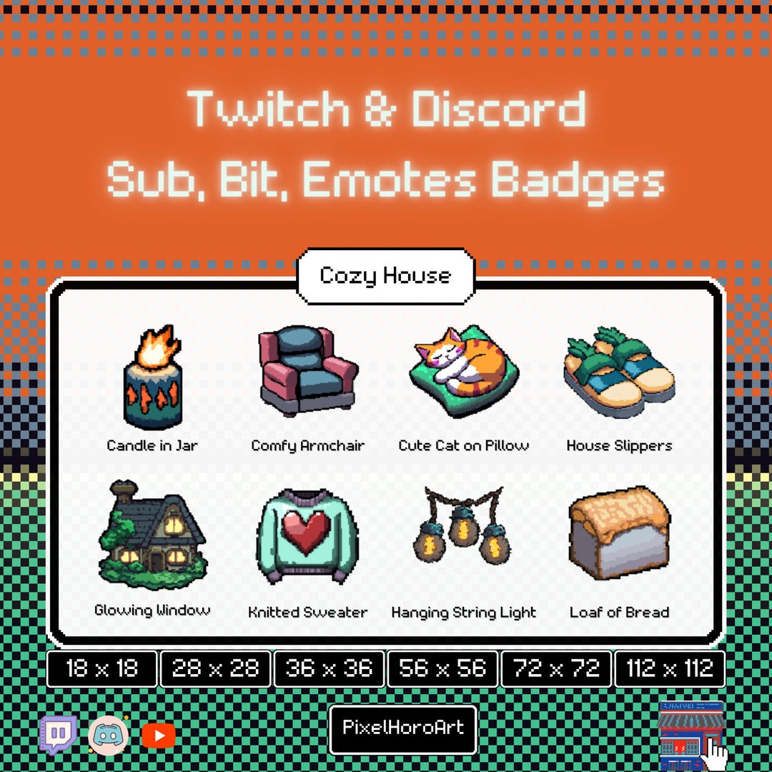 Cozy House Theme Pixel Art Style Sub, Bid, Emotes Badge for Twitch and ...