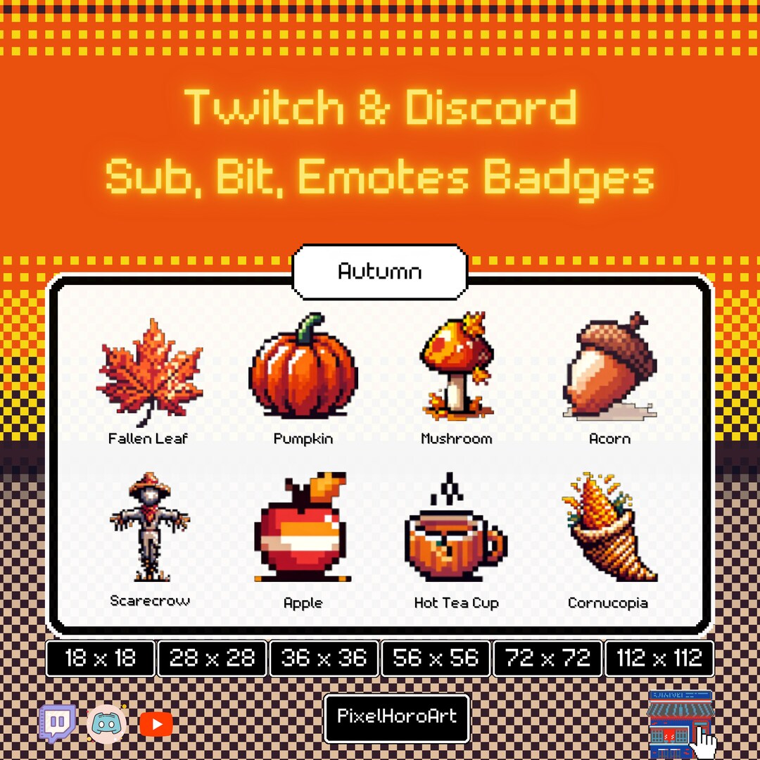 Cute Autumn Theme Pixel Art Style Sub, Bid, Emotes Badge for Twitch and ...