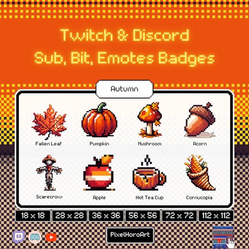 Cute Autumn Theme Pixel Art Style Sub, Bid, Emotes Badge for Twitch and ...