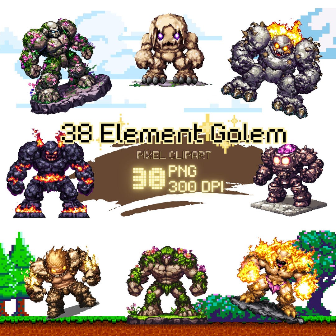 Set of 38 PNGS Clip Art of Element Golem Pixel Art Retro 8, 16, 32 Bits ...