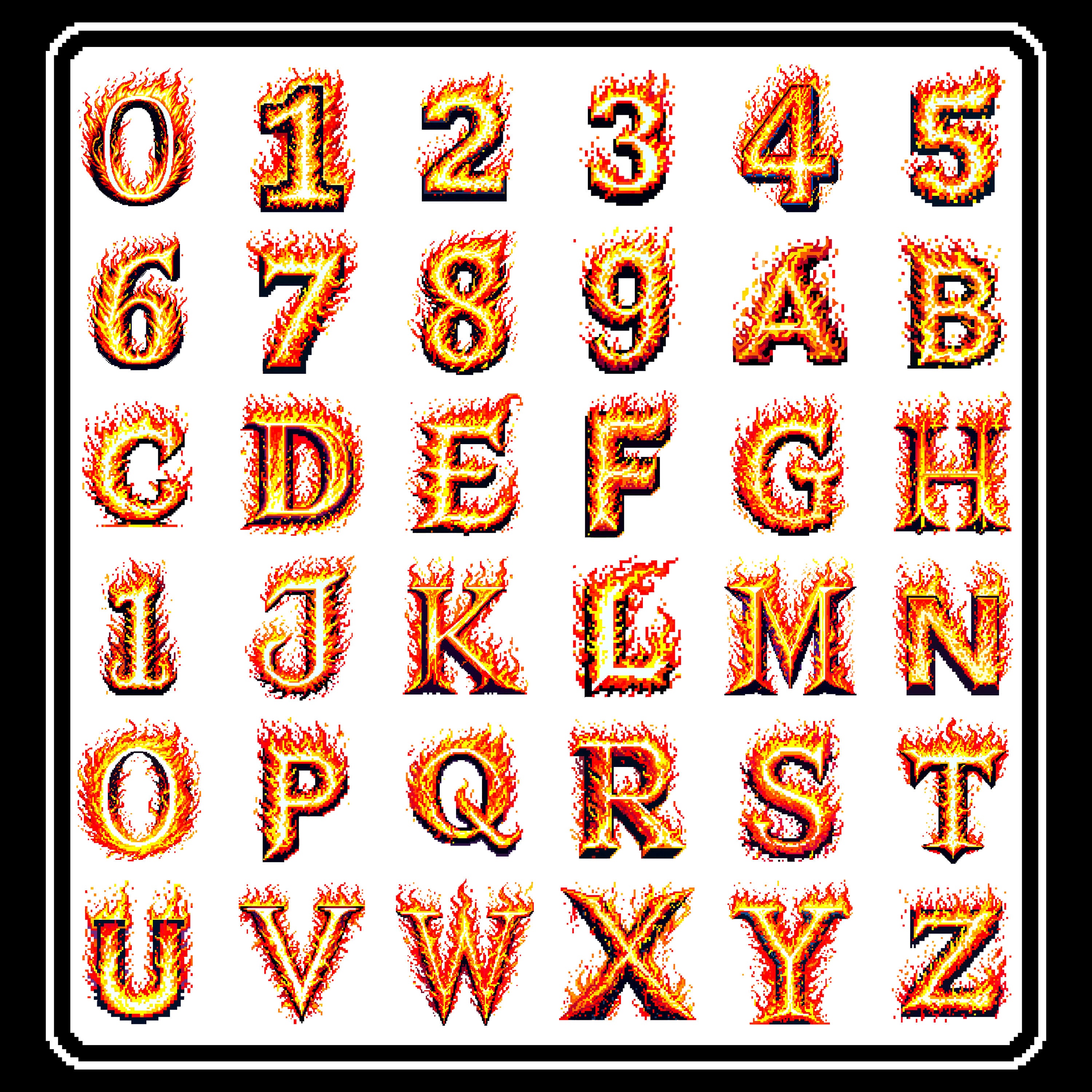 Set of PNG Fire Pixel Alphabet and Number Character Clip Art 36 Items ...