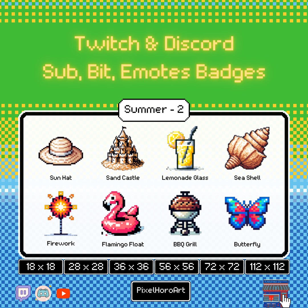 Cute Summer Theme Set 2 Pixel Art Style Sub, Bid, Emotes Badge for ...