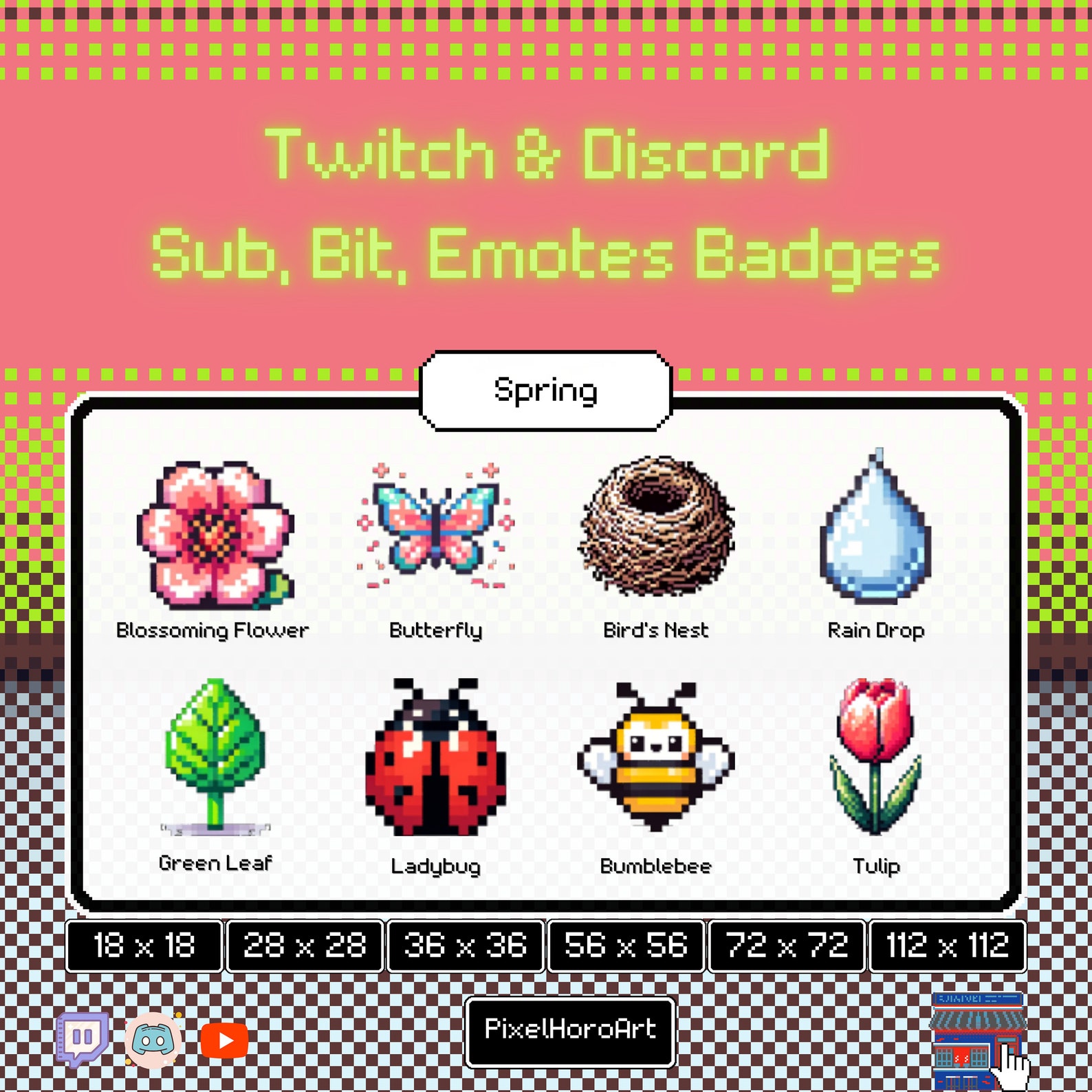 Cute Spring Theme Pixel Art Style Sub, Bid, Emotes Badge for Twitch and ...