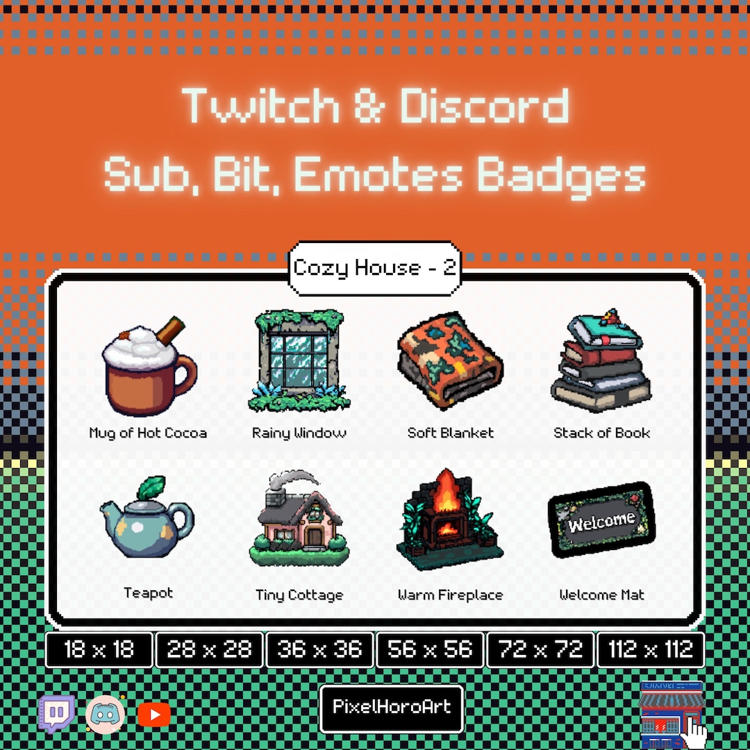 Cozy House Theme Pixel Art Style Sub, Bid, Emotes Badge for Twitch and ...