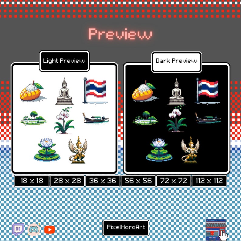 Thailand Traditional Theme Set 2 Pixel Art Style Sub, Bid, Emotes Badge ...