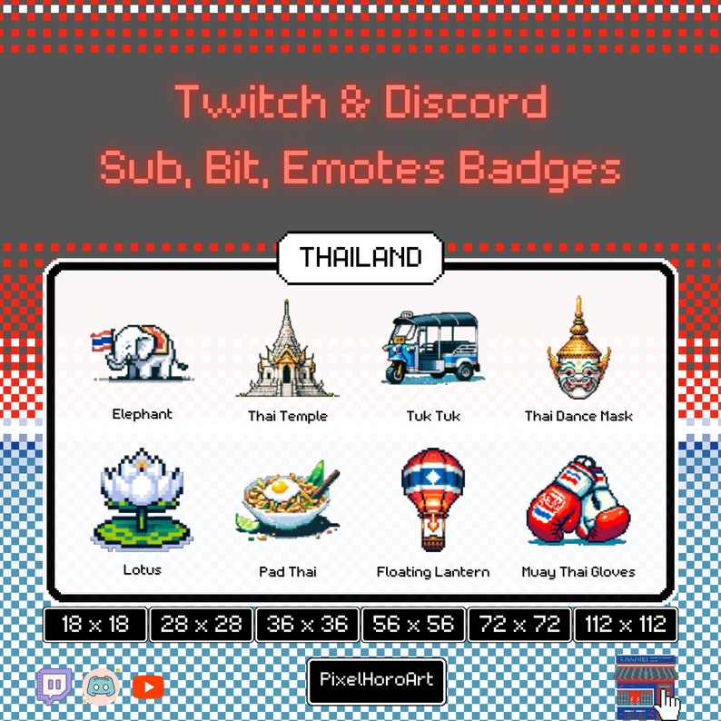 Thailand Traditional Theme Pixel Art Style Sub, Bid, Emotes Badge for ...