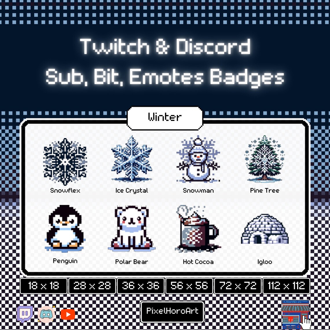 Cute Winter Theme Pixel Art Style Sub, Bid, Emotes Badge for Twitch and ...