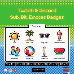 Cute Summer Theme Pixel Art Style Sub, Bid, Emotes Badge for Twitch and ...