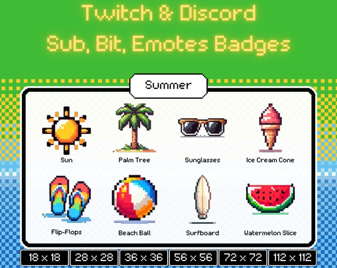 Cute Summer Theme Pixel Art Style Sub, Bid, Emotes Badge for Twitch and ...