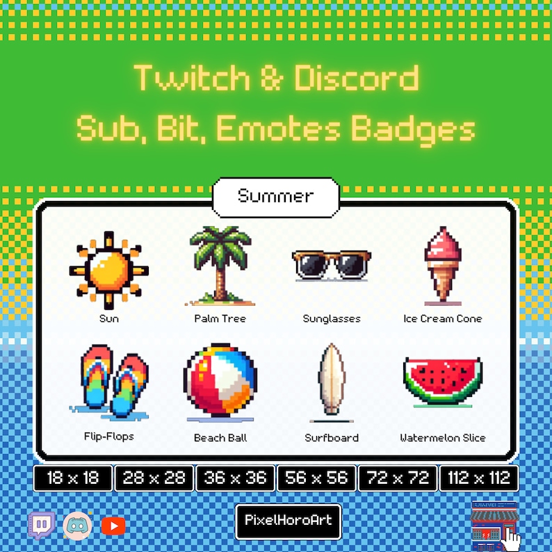 Cute Summer Theme Pixel Art Style Sub, Bid, Emotes Badge for Twitch and ...