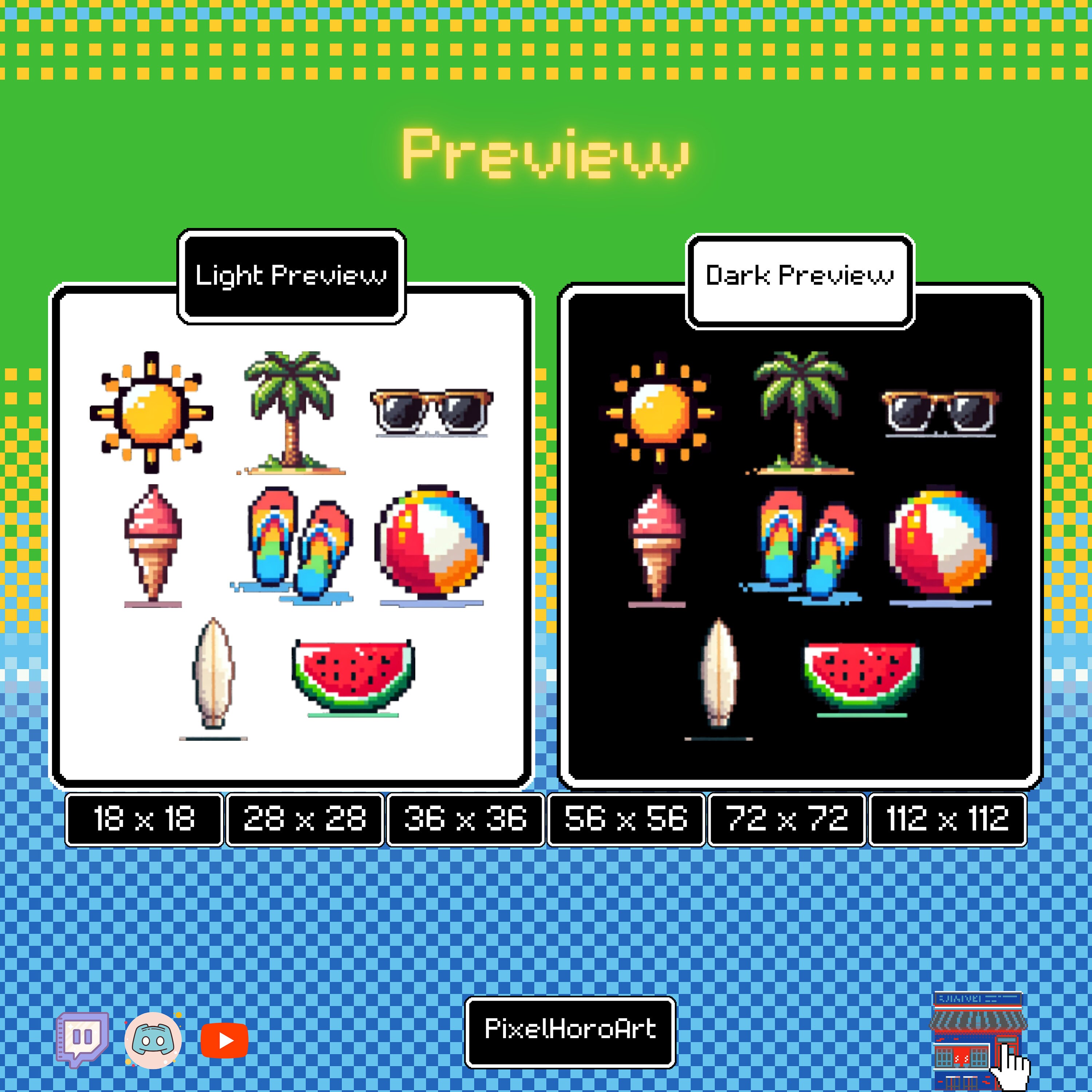 Cute Summer Theme Pixel Art Style Sub, Bid, Emotes Badge for Twitch and ...