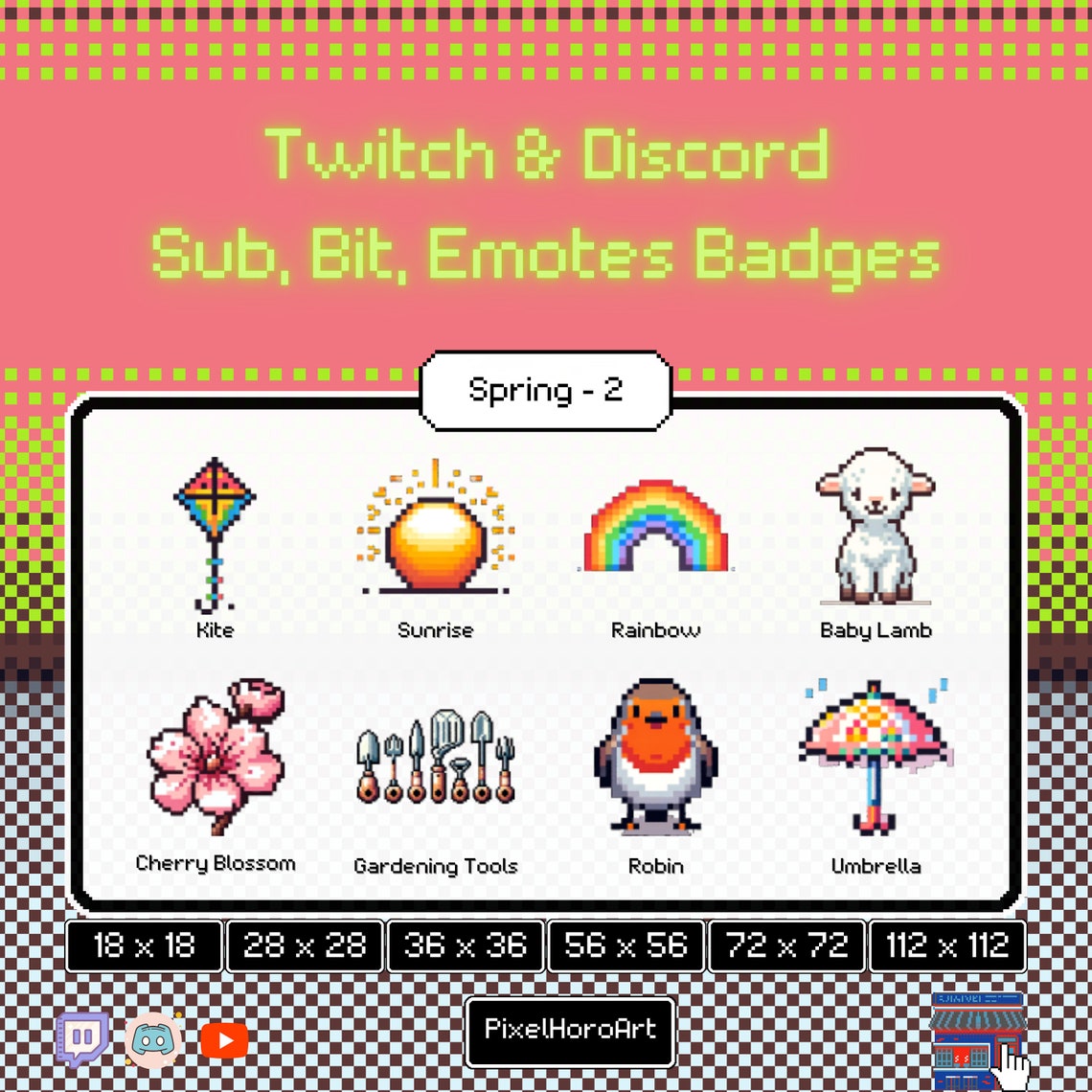 Cute Spring Theme Set 2 Pixel Art Style Sub, Bid, Emotes Badge for ...