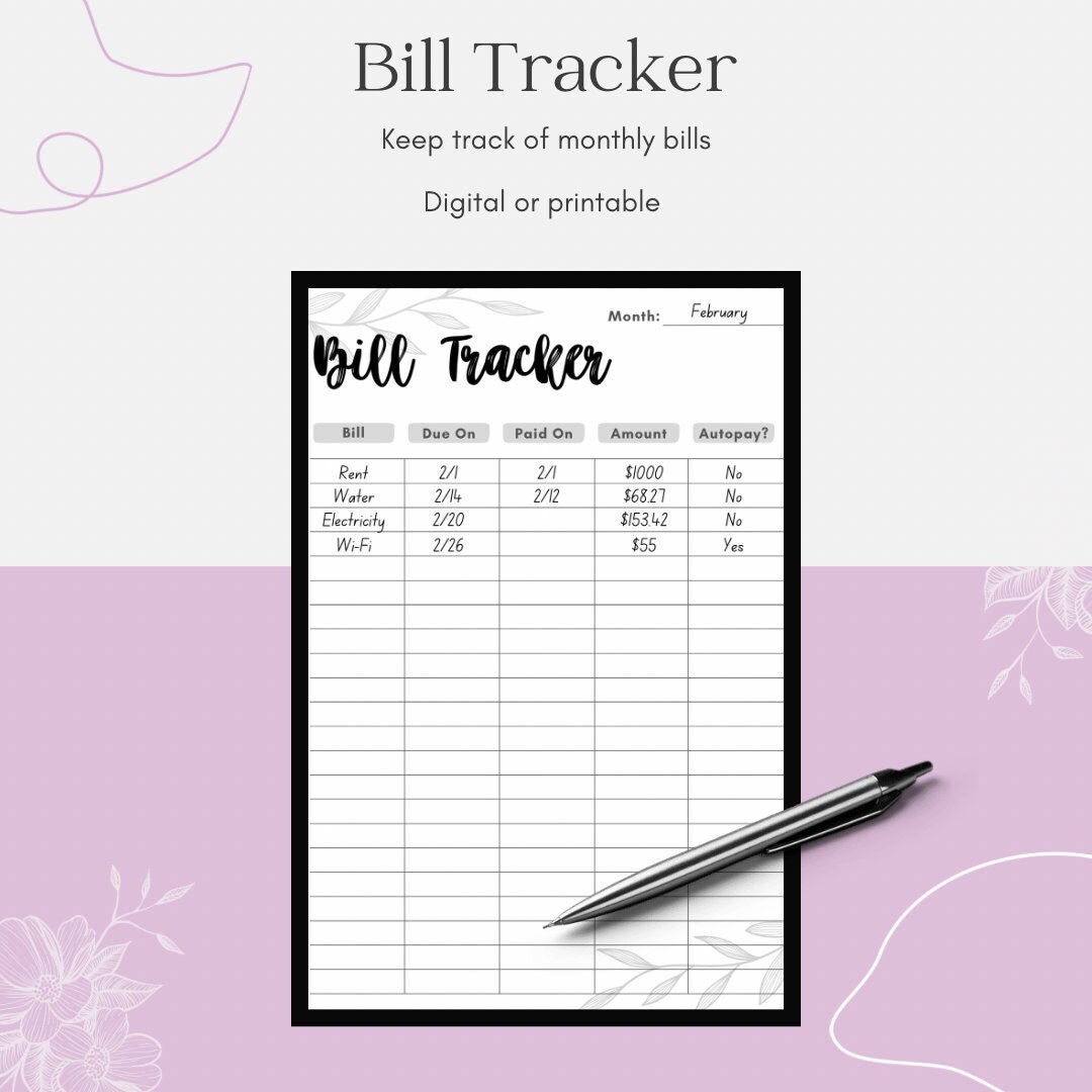 Bill Tracker and Planner With Autopay Box Simple Floral Design Digital ...