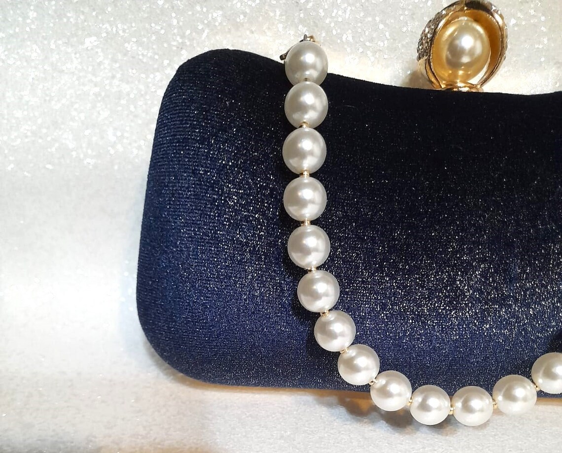 Navy Blue Velvet Clutch Bag With Pearl Handle - Etsy