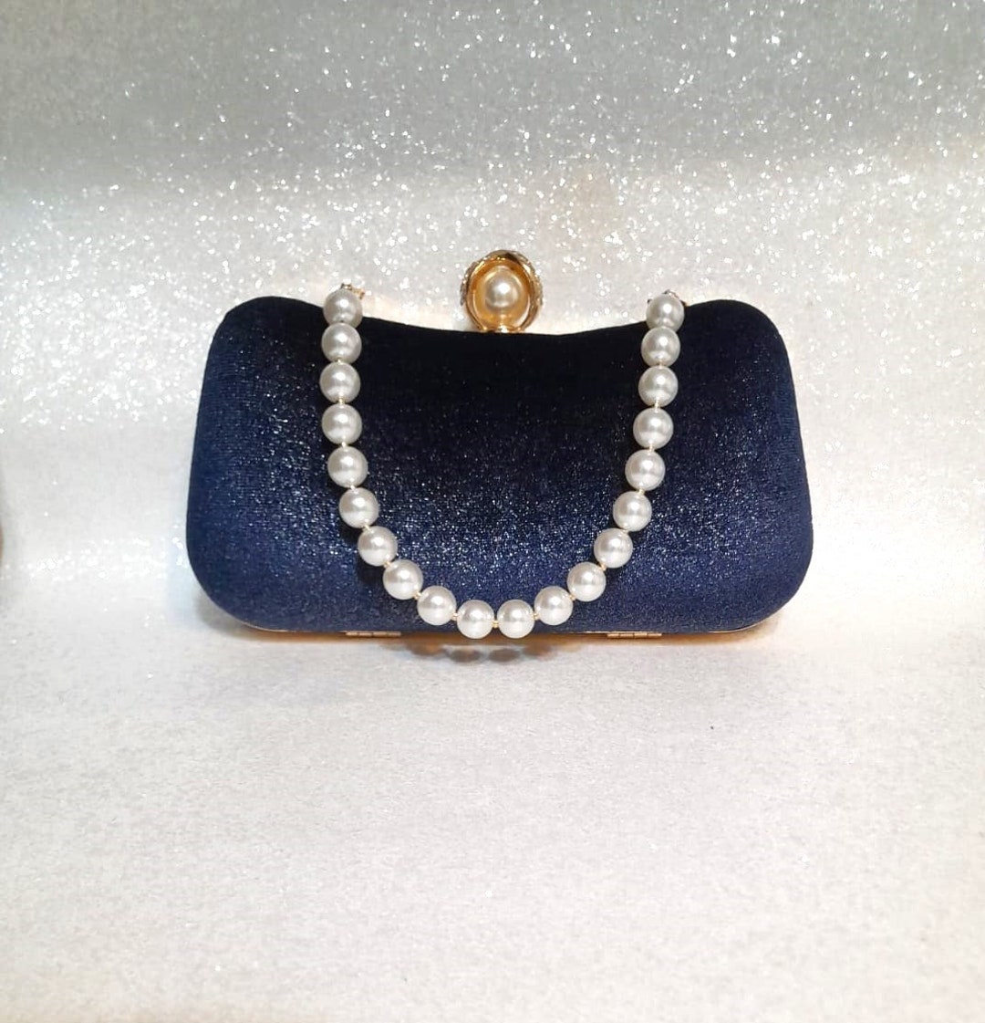 Navy Blue Velvet Clutch Bag With Pearl Handle - Etsy