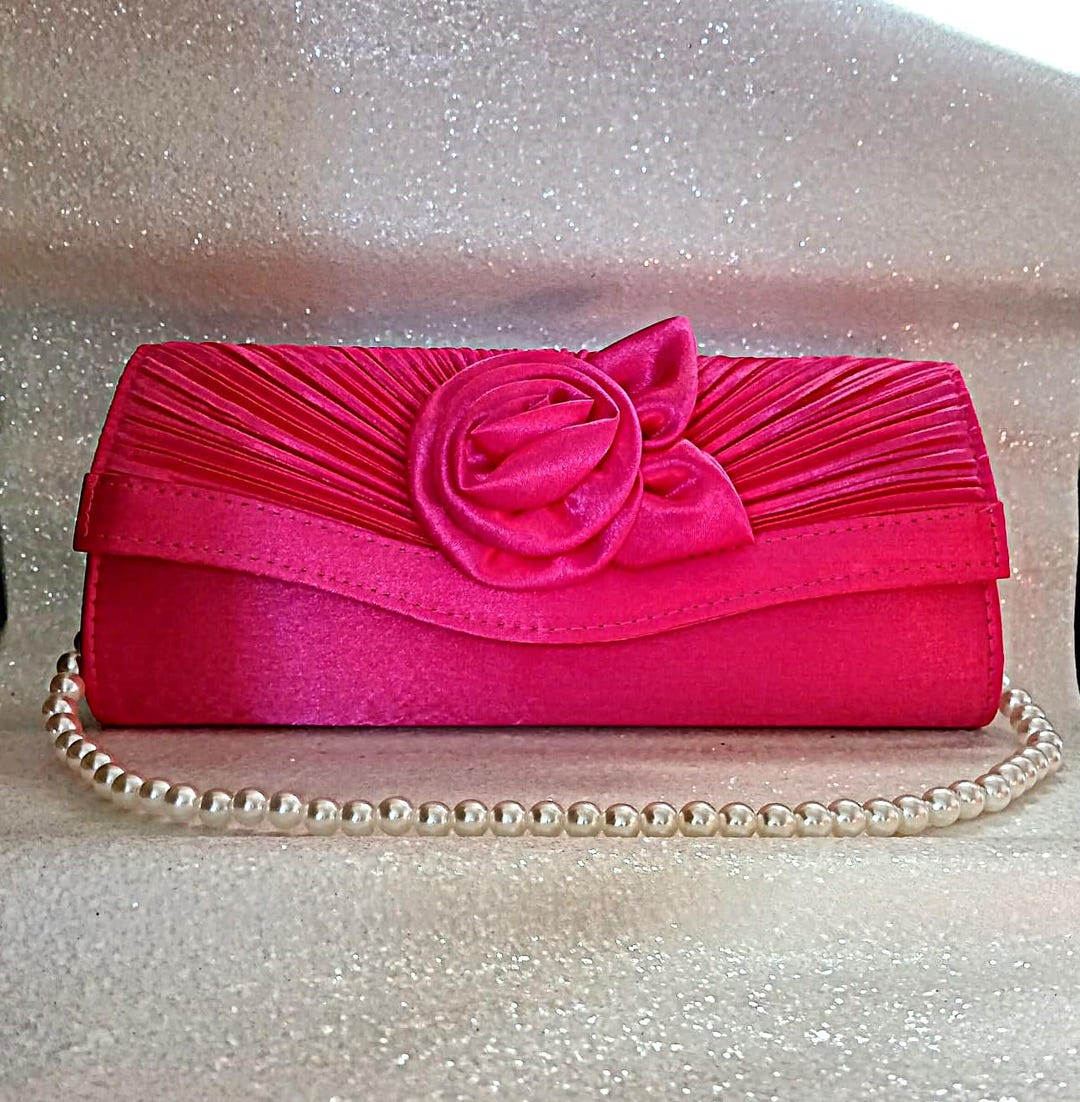 Vintage-inspired Fuchsia Satin Bridal Clutch: Pearl Handle, Silver ...