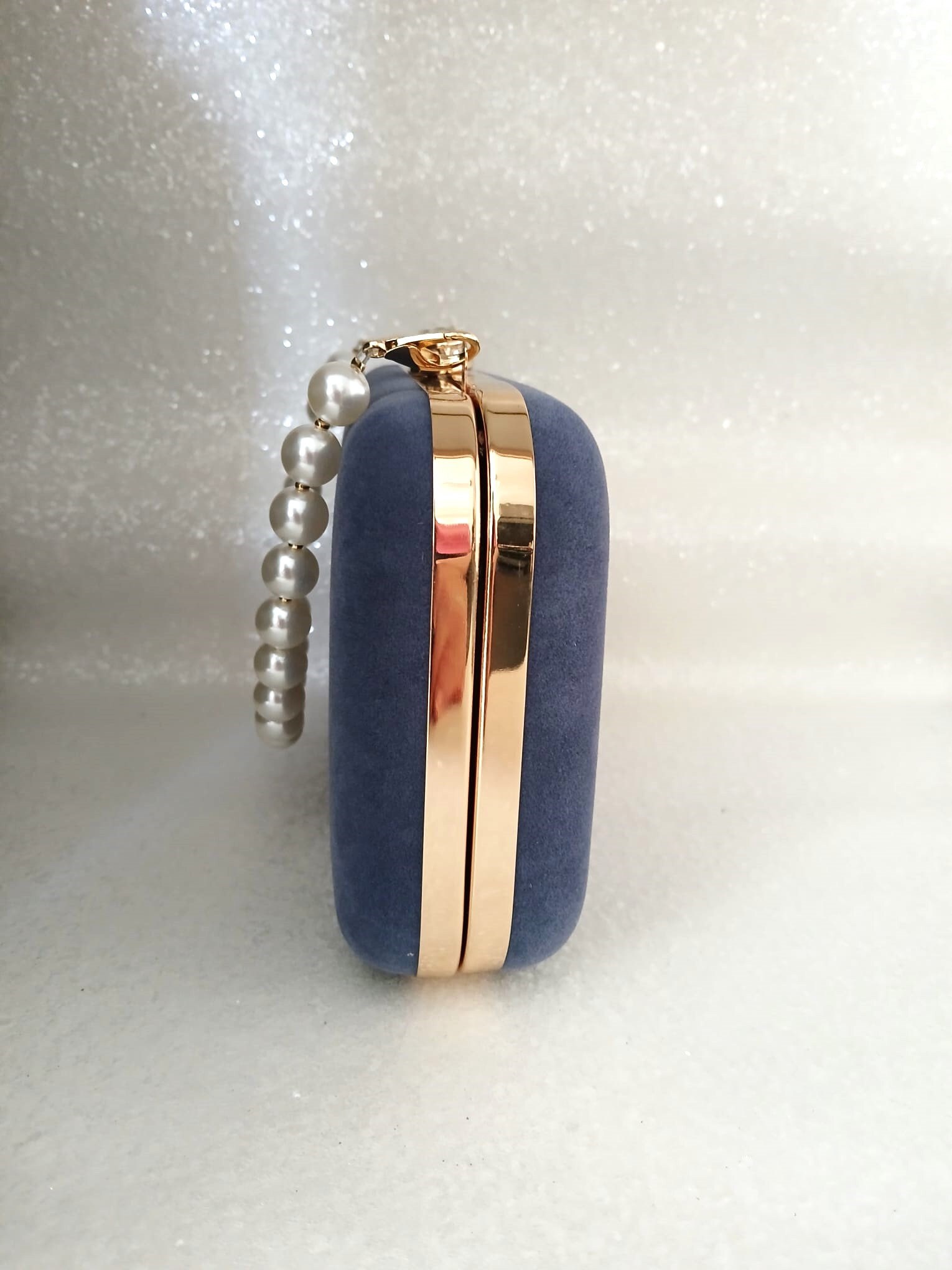 Light Denim Blue Velvet Evening Clutch Bag With Pearl Handle and Gold ...