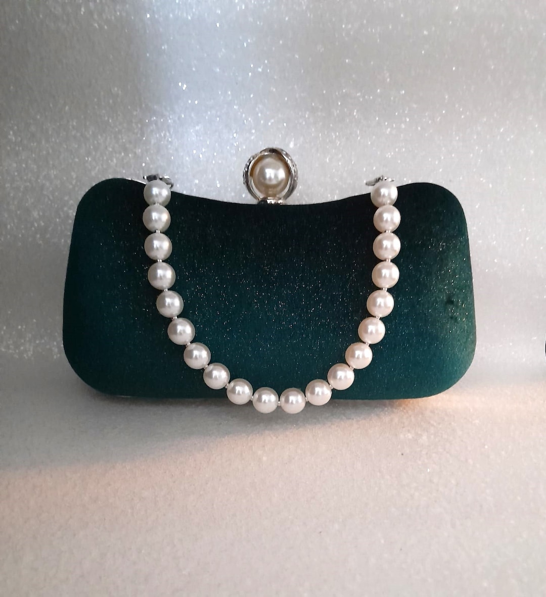 Stylish Emerald Green Velvet Clutch Bag With Pearl Handle Silver ...